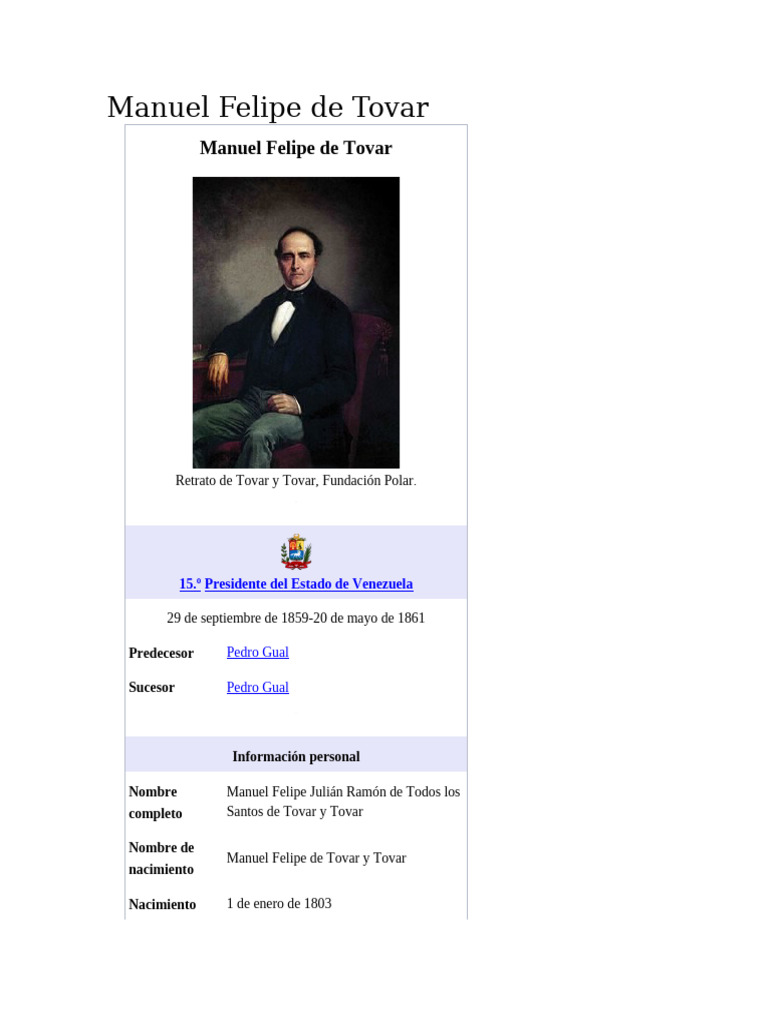 Manuel Felipe de Tovar: Vida y Legado | PDF | Venezuela