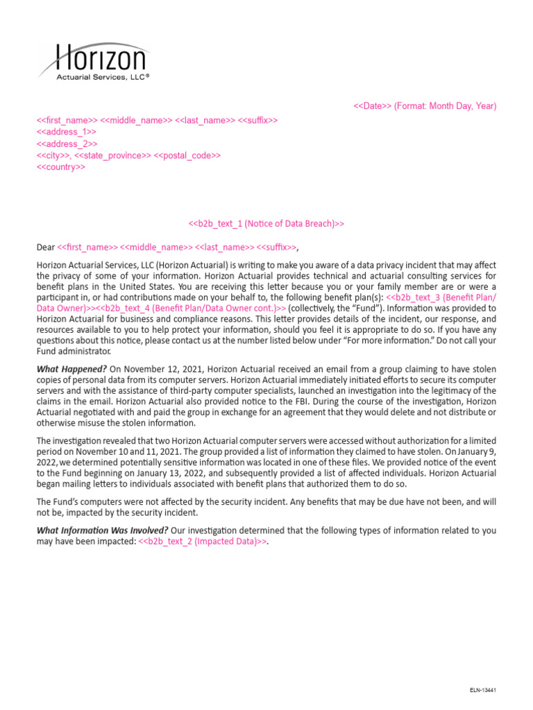 Horizon - Sample Notice - CA | PDF | Credit History | Identity Theft