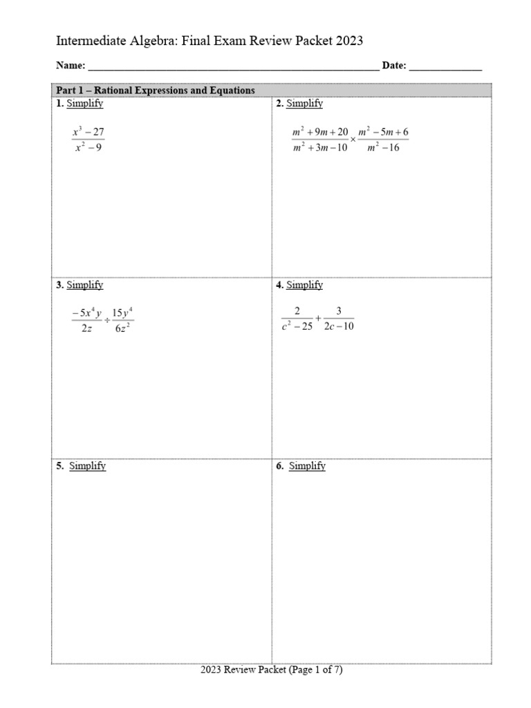 Intermediate Algebra Exam Review 2023 | PDF