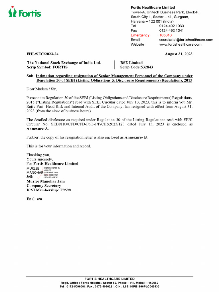 fhl se intimation smp_resignation - september 2, 2023 | PDF