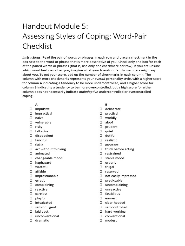 Handout Module 5 Assessing Styles Coping Wordpair Checklist | PDF ...