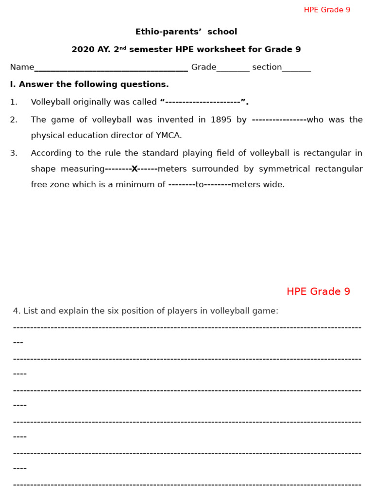 Grade 9 HPE Volleyball & Athletics Worksheet | PDF | Volleyball ...