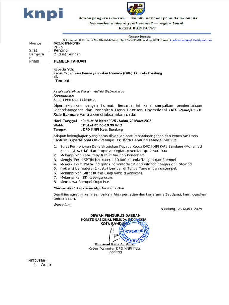 963 - Surat Pemberitahuan Okp Peninjau TK Kota Bandung | PDF