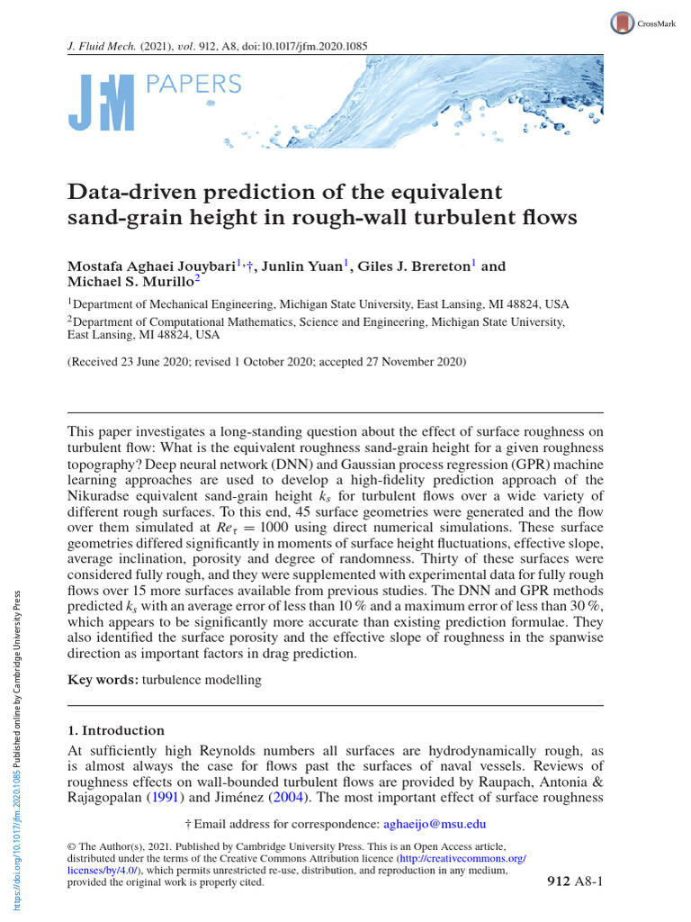 Data Driven Prediction of The Equivalent Sand Grain Height in Rough Wall Turbulent Flows | PDF ...