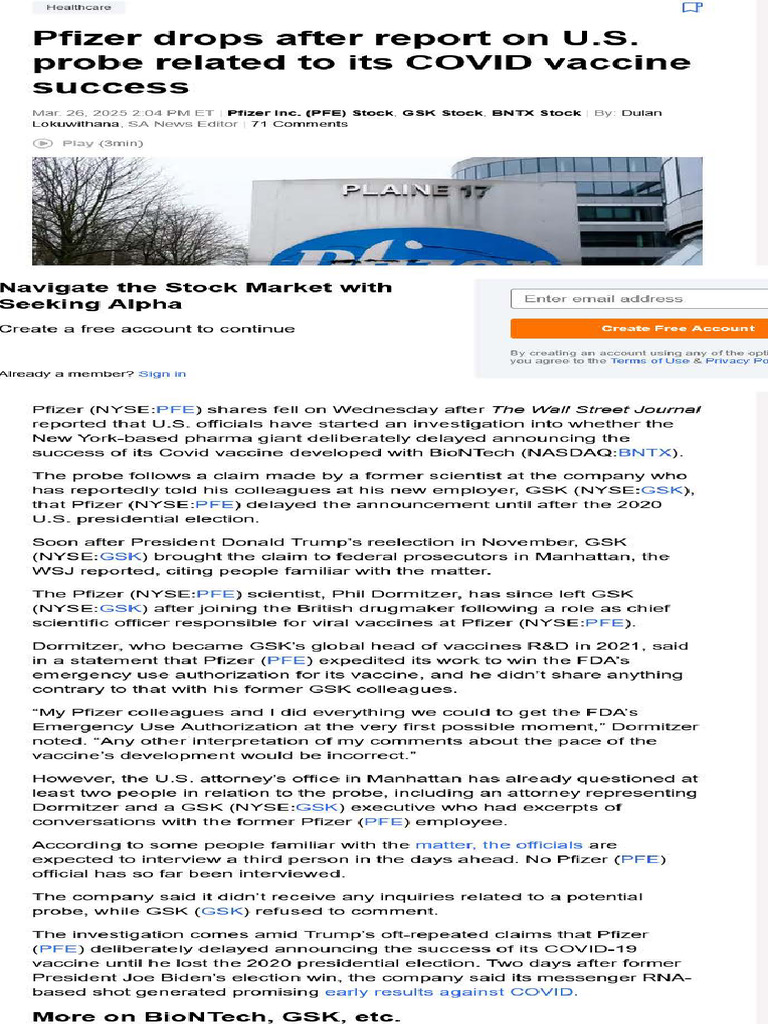 Pfizer Stock Drops After U.S. Probe On COVID Shot | PDF