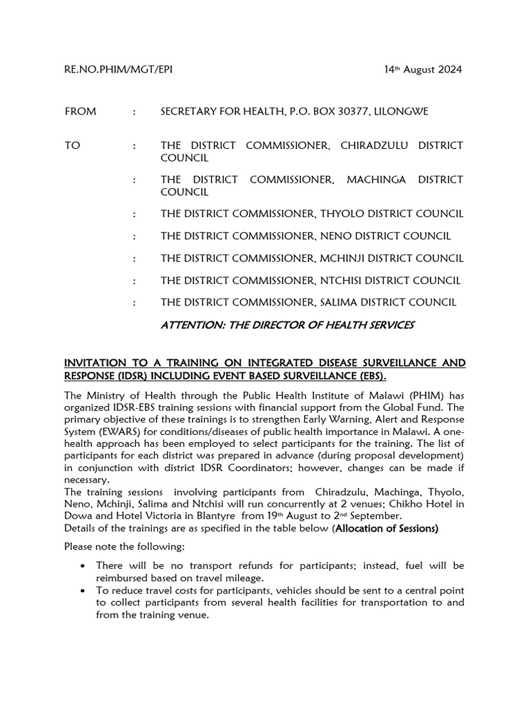 Invitation Letter - Global Fund IDSR-EBS Training - Final | PDF