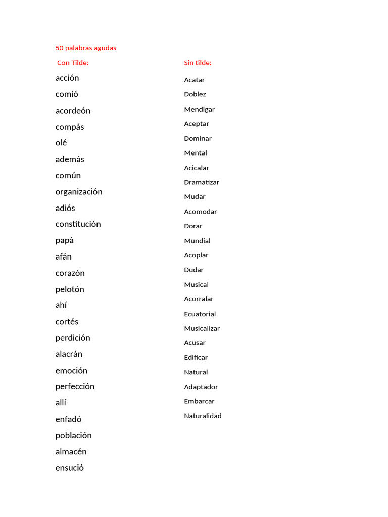50 Palabras Agudas | PDF