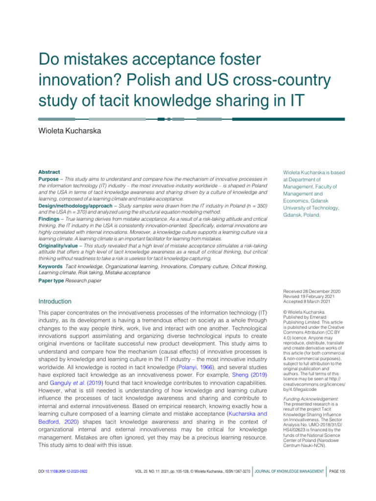 Do Mistakes Acceptance Foster Innovation Polish and US Crosscountry Study of Tacit Knowledge ...