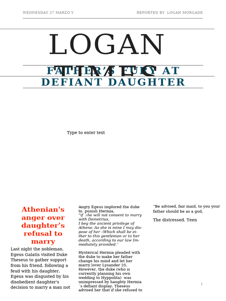 Newspaper Article Egeus and Hermia | PDF