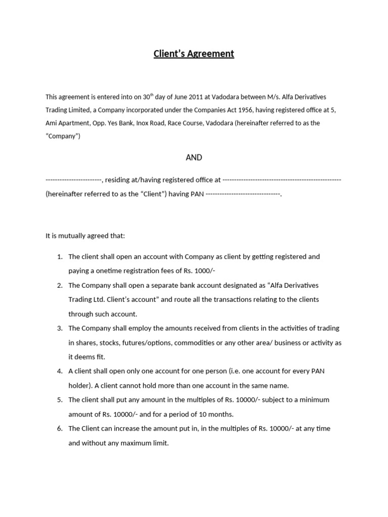 Client Agreement for Alfa Derivatives Trading | PDF | Arbitration ...