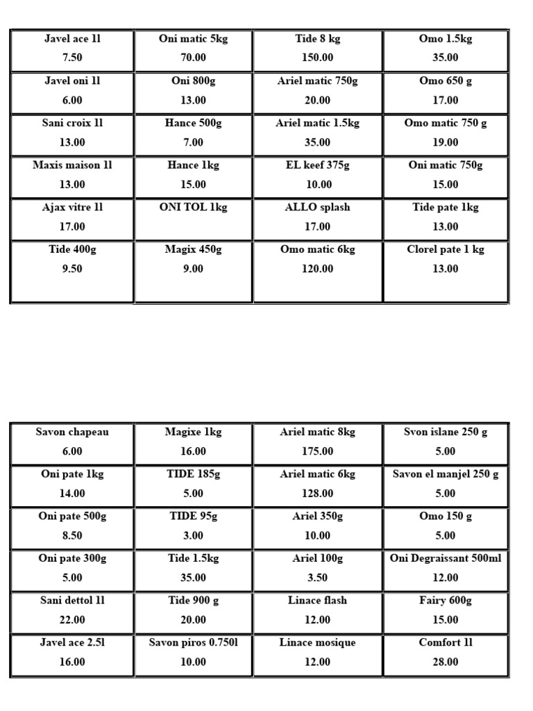Javel and Omo Product Pricing List | PDF