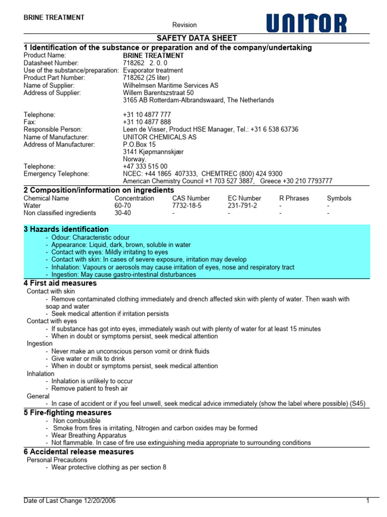 Brine Treatment Safety Data Sheet | PDF | Personal Protective Equipment ...