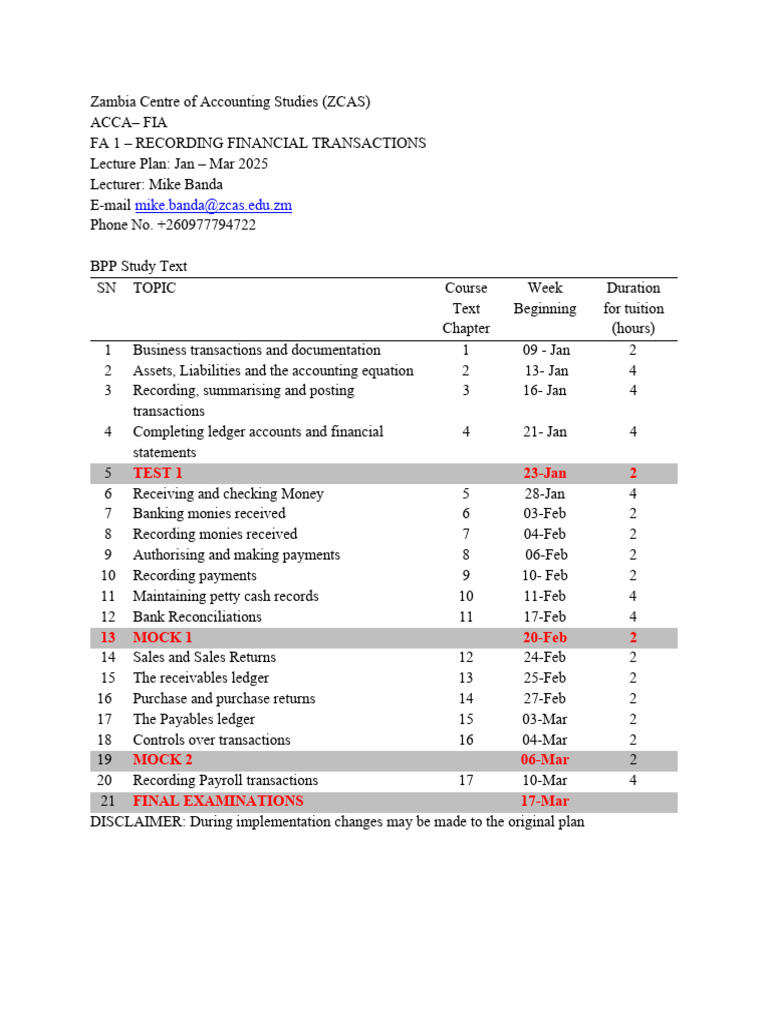 FA1 Recording Financial Transactions Plan | PDF