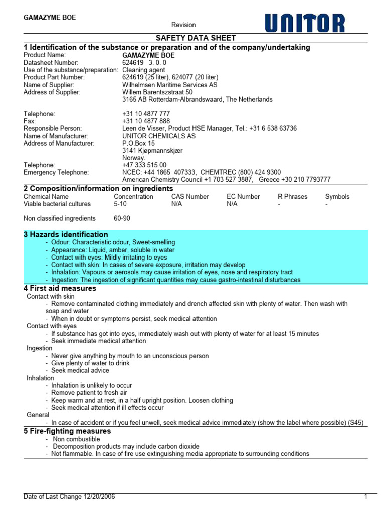 Gamazyme BOE Safety Data Sheet | PDF | Occupational Safety And Health ...