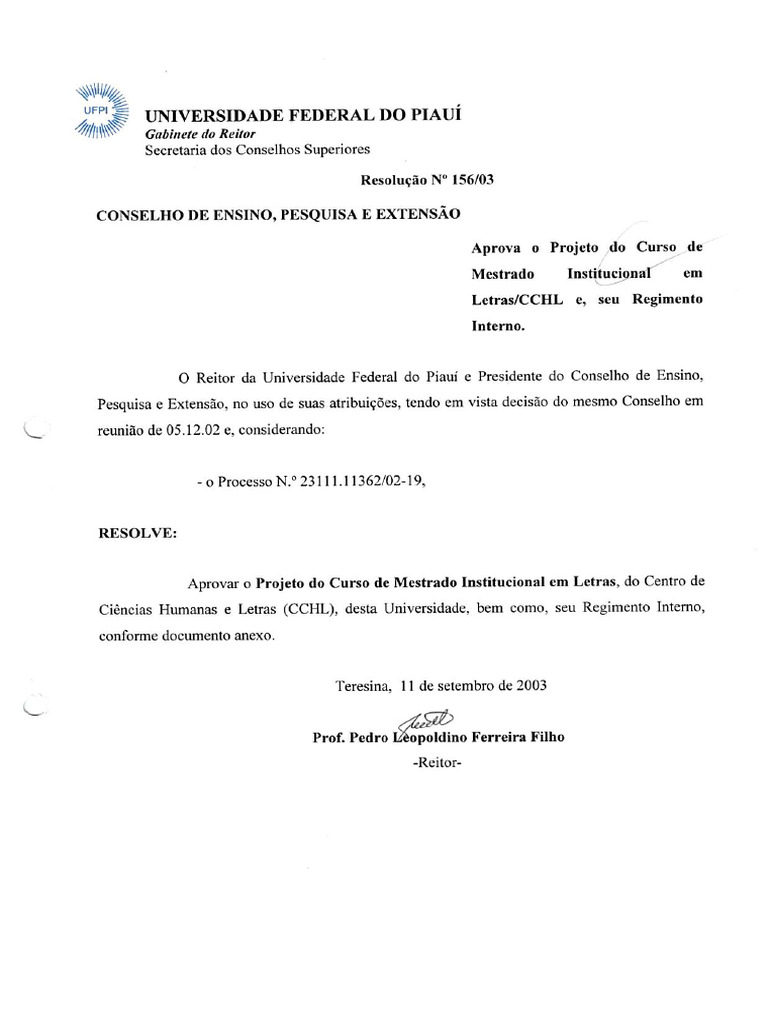 Res.156.03 - Aprova Criação Do Curso de Mestrado Proficional em LETRAS ...