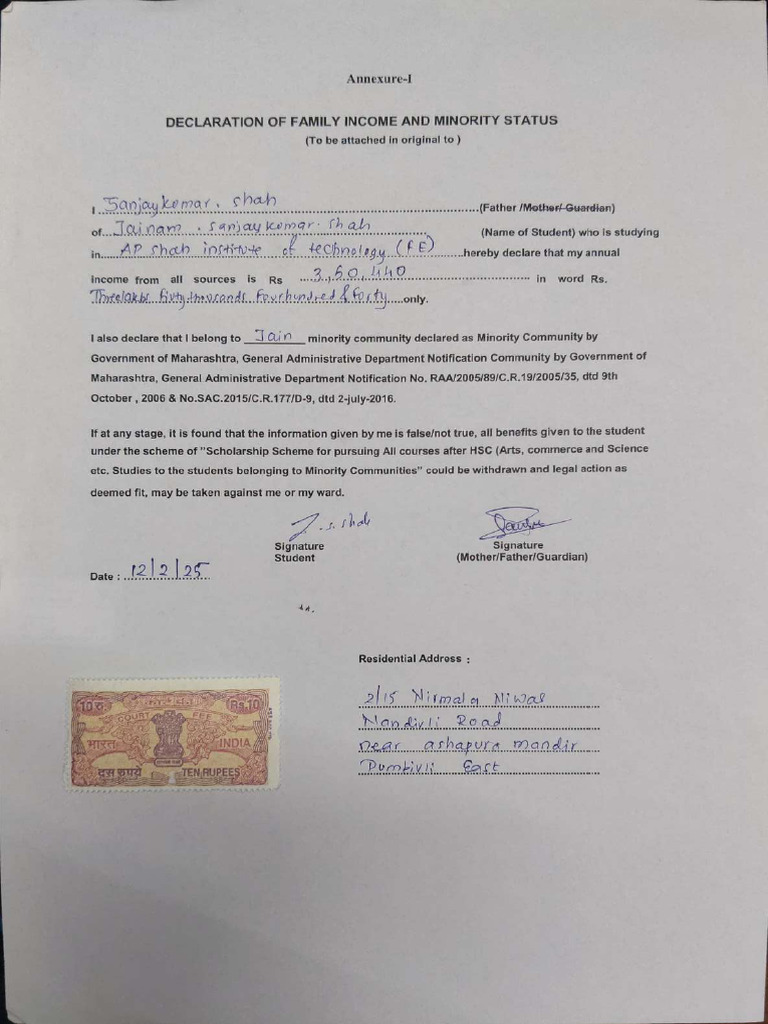 Income Declaration for Minority Status | PDF