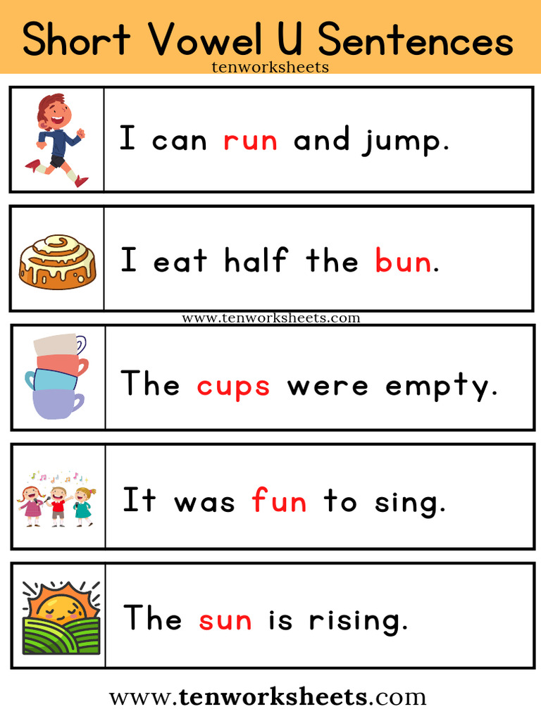 Sentences With Short Vowel U Words Printable Worksheet | PDF