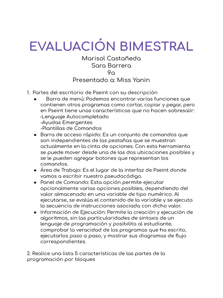 Evaluacion Bimestral 9A | PDF | Programación de computadoras | Ingeniería Informática