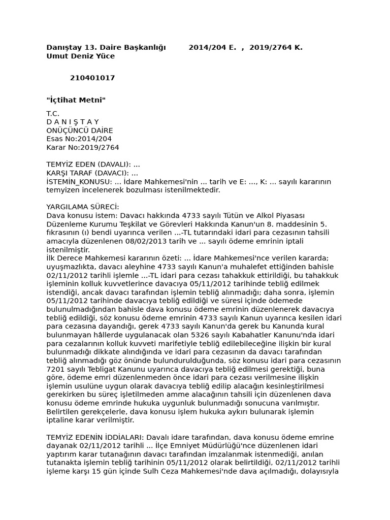 Danıştay 13. D., 27.09.2019, 2014204 E., 20192764 K.-2 | PDF