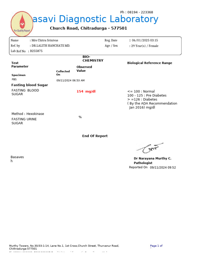 Fasting Blood Sugar Test Report | PDF