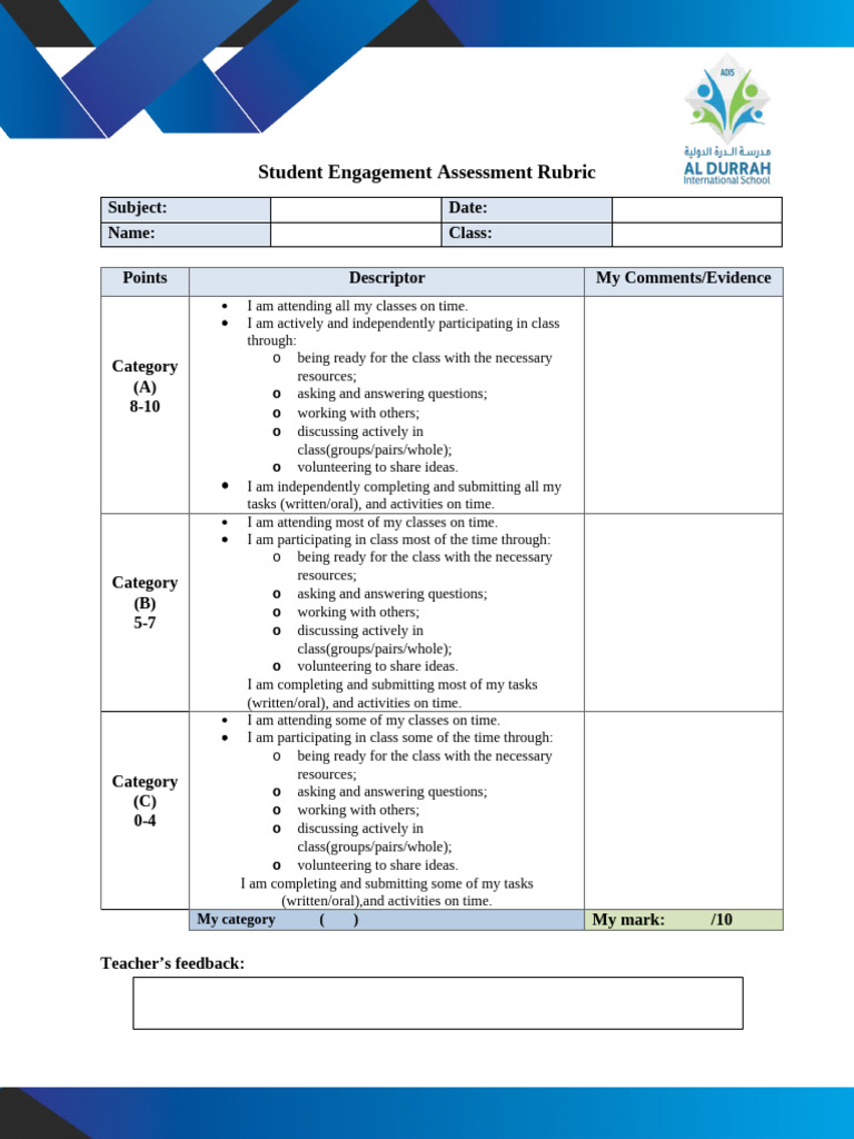Layan Askar - Student Engagement Assessment Rubrics-In Class | PDF