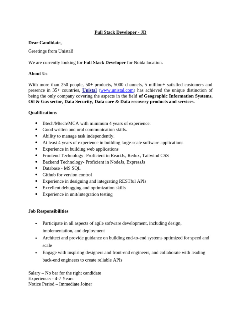 Full Stack Developer Job Opening in Noida | PDF