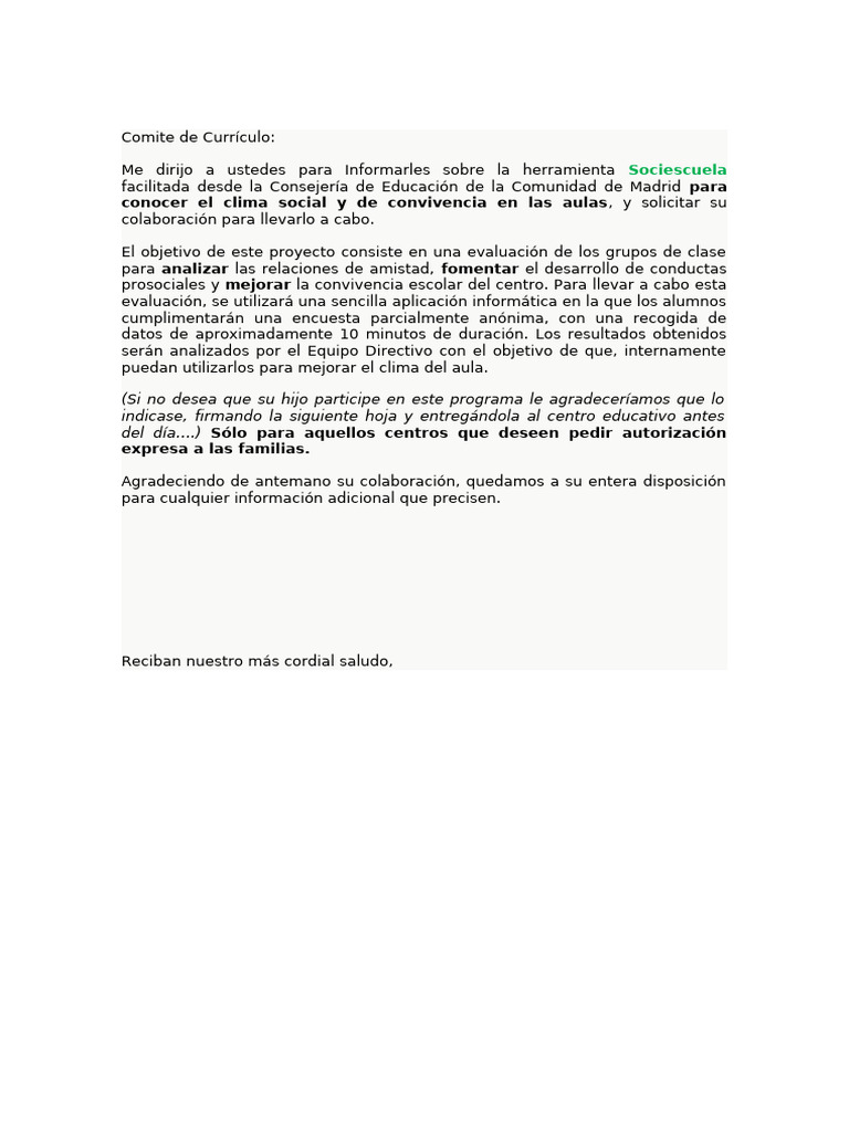 Modelo de Carta Informativa para Las Familias | PDF