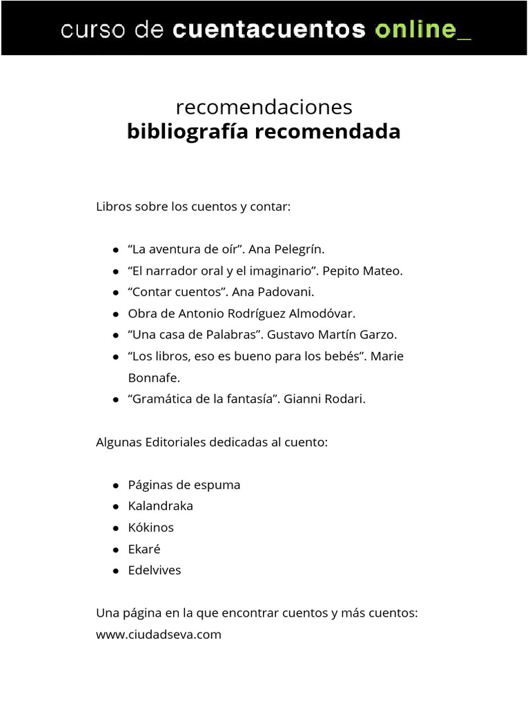 Textos Complementarios - Bibliografi a Recomendada - La Escuela de Cuentacuentos | PDF