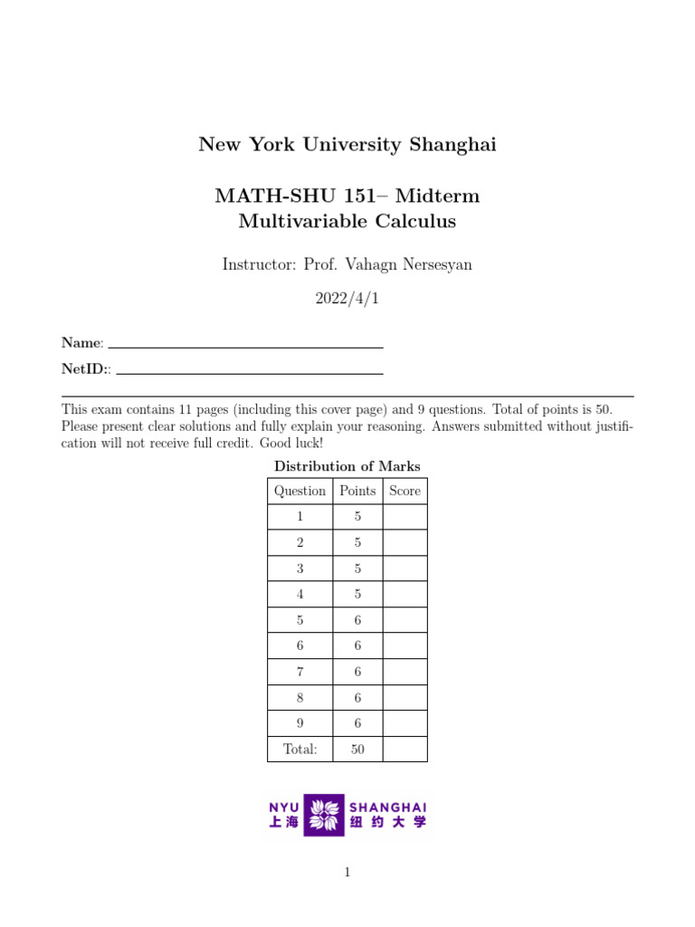 NYU Shanghai MATH-SHU 151 Midterm Exam | PDF | Euclidean Vector | Algebra
