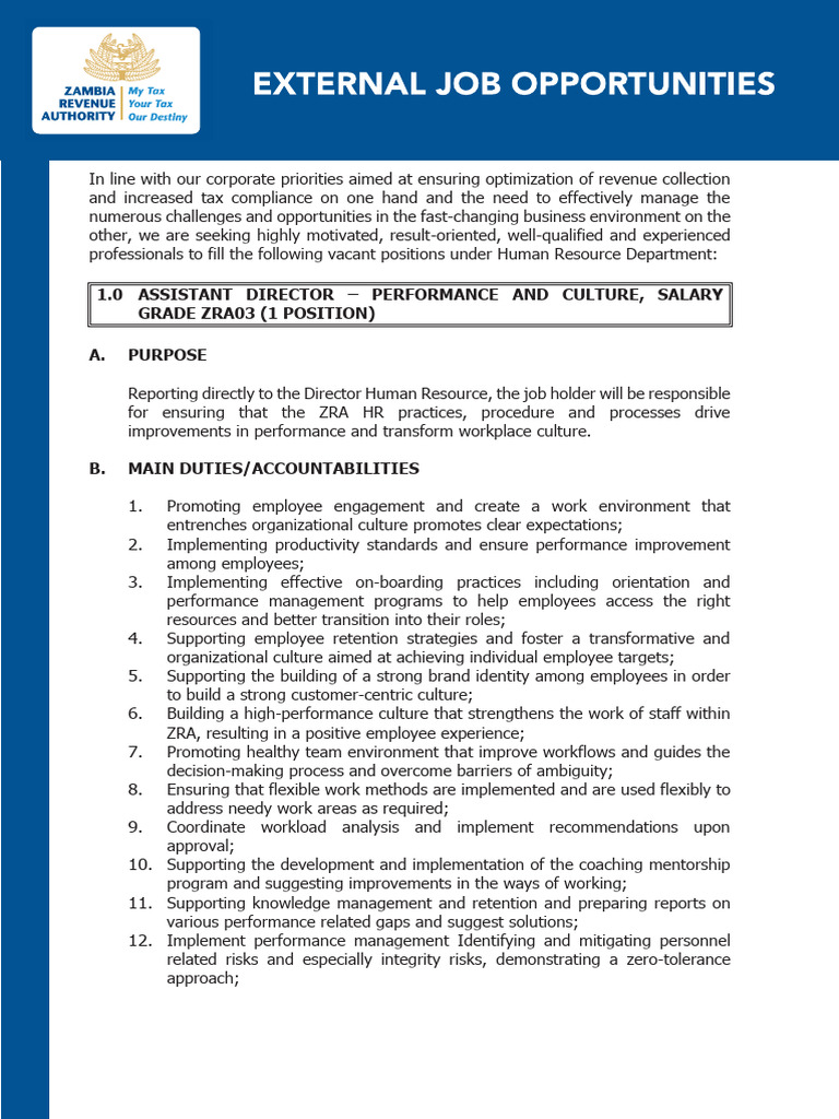 ZRA Job Opening: Assistant Director HR | PDF | Employee Retention ...