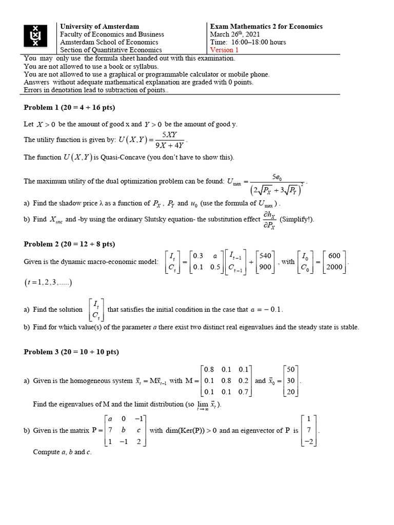 2021 Final Test Mathematics 2 For Economics Version 1 Def | PDF ...