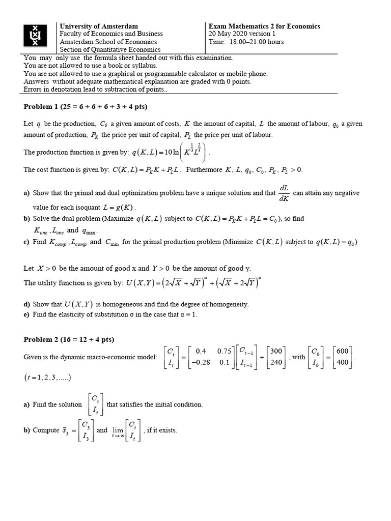 Mathematics Exam for Economics 2020 | PDF | Eigenvalues And ...
