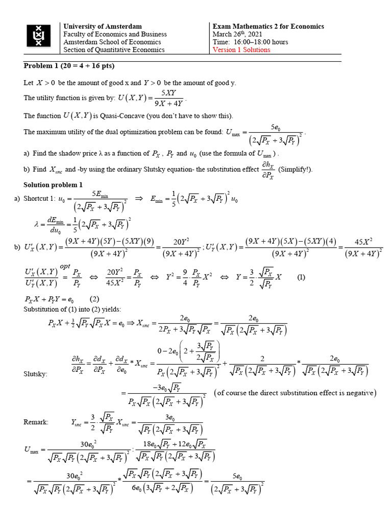 Mathematics Exam Solutions for Economics | PDF | Eigenvalues And ...