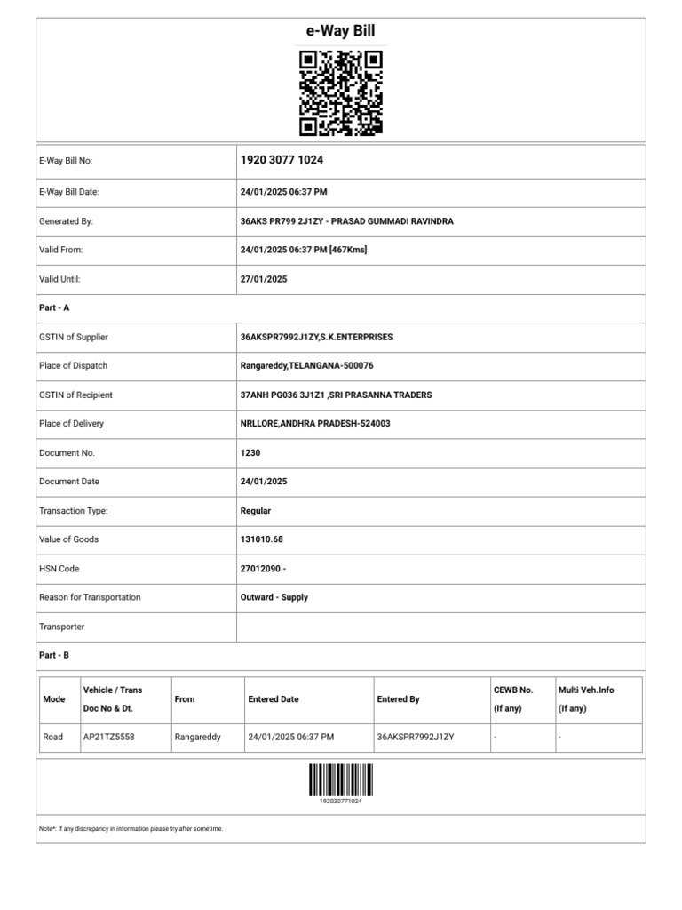 E-Way Bill 1230 | PDF