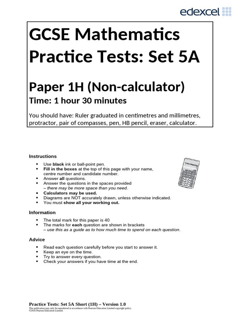 04a Practice Test Set 5A - Paper 1H | PDF | Mathematics