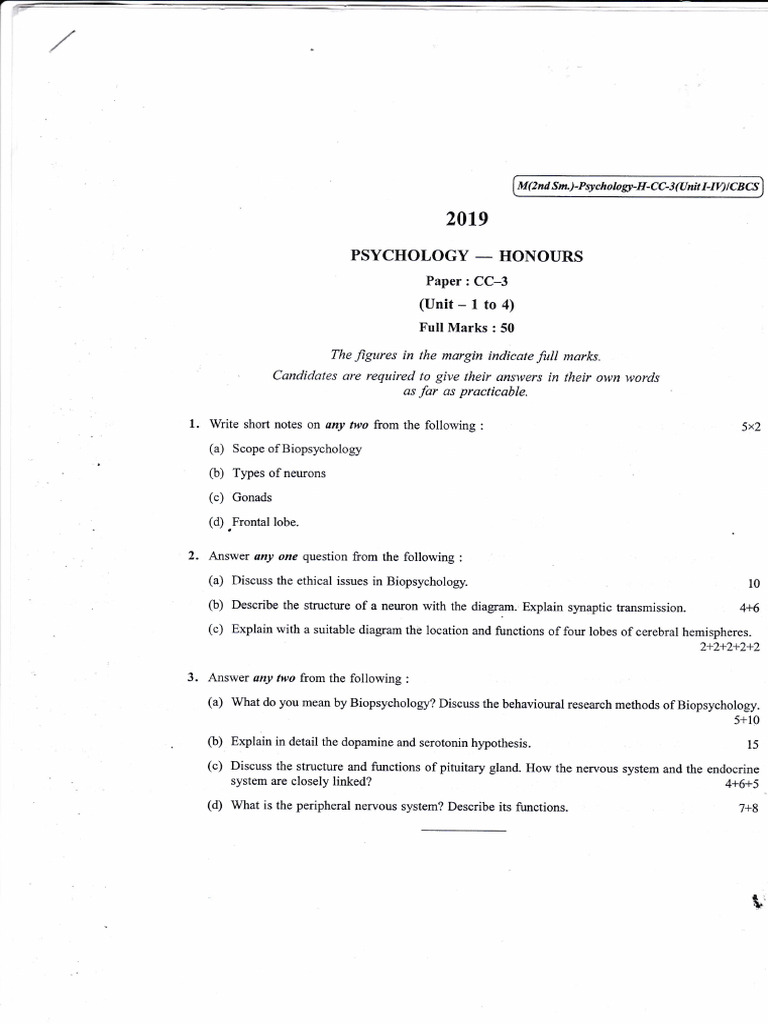 Psychology Honours Exam Paper 2019 | PDF | Psychology | Nervous System