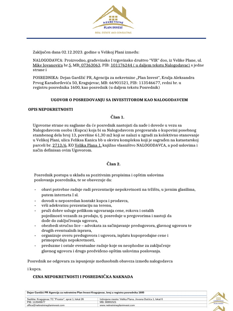 Ugovor, VIR Doo, Stan Broj 13 | PDF