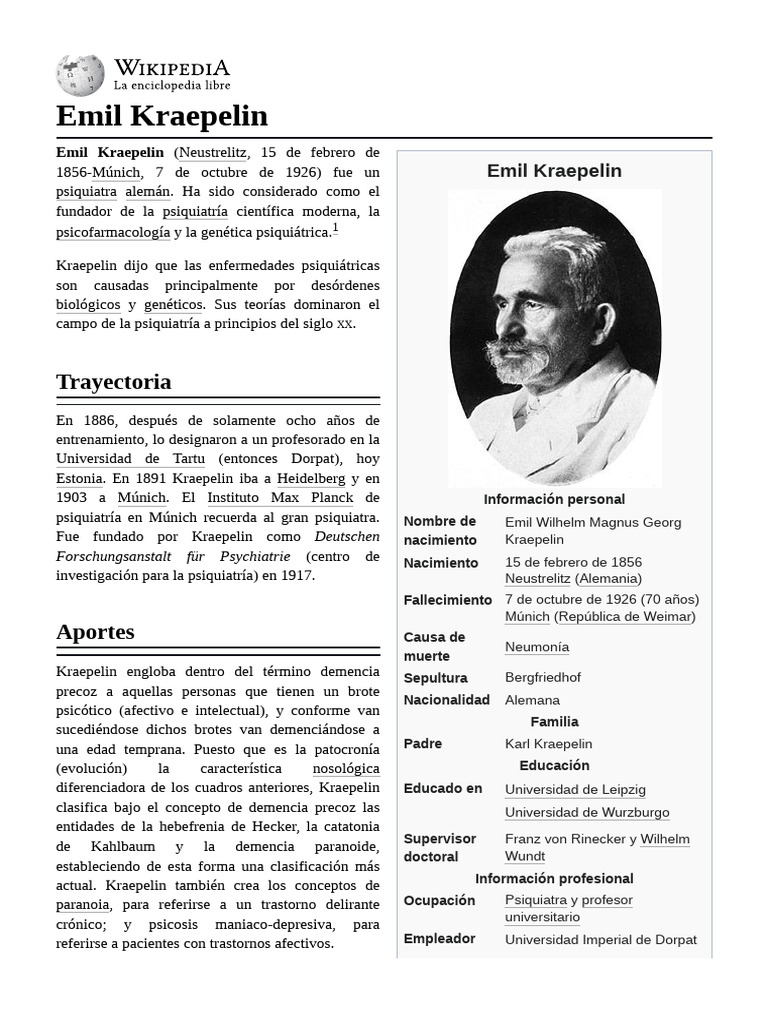 Emil Kraepelin Psiquiatra | PDF | Enfermedades y trastornos | Ciencias ...