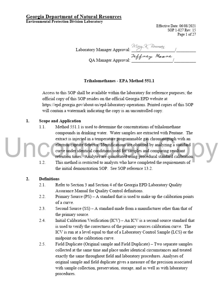 SOP 1-027 Rev. 16 EPA 551.1 THMs | PDF | Chromatography | Analytical ...