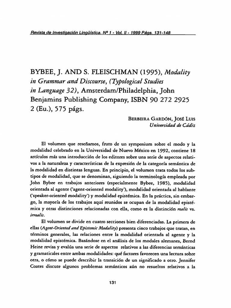 Modality in Grammar and Discourse de J B | PDF