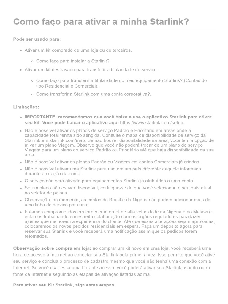 Como Ativar sua Starlink: Guia Completo | PDF | Internet | Informática
