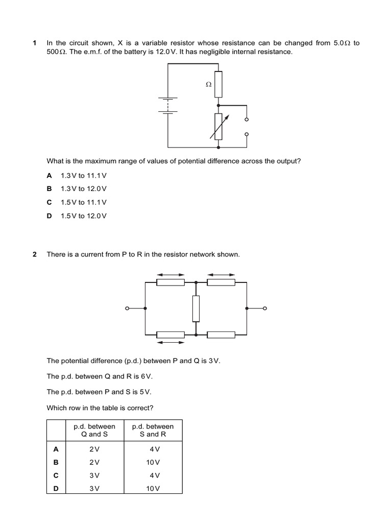 DC Circuits AS LEVEL Physics Paper 1 MCQ QUESTIONS | PDF | Voltage ...