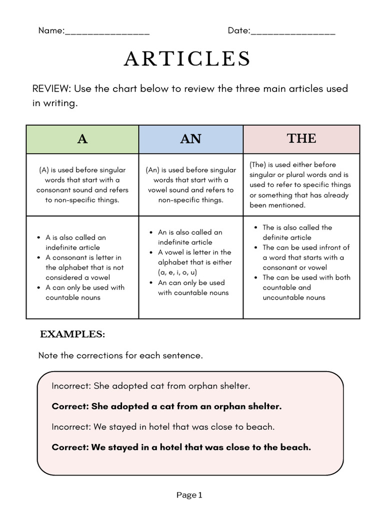 Articles A, An, The: Grade 5 Guide | PDF | Word | Grammatical Number