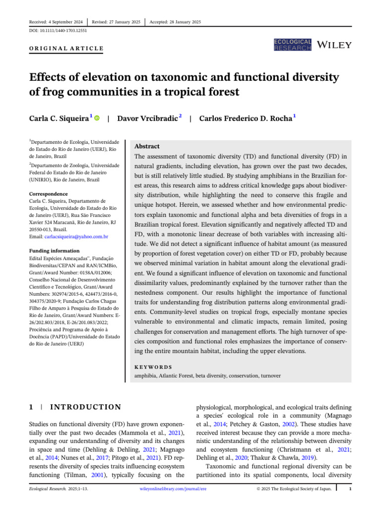 Siqueira Et Al. 2025 - Effects of Elevation On Taxonomic and Functional Diversity of Frogs | PDF ...