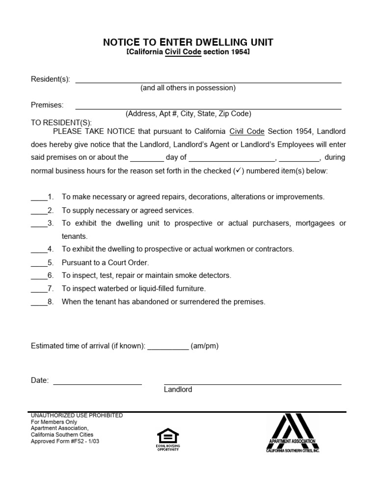 California Notice to Enter Unit | PDF | Landlord | Justice