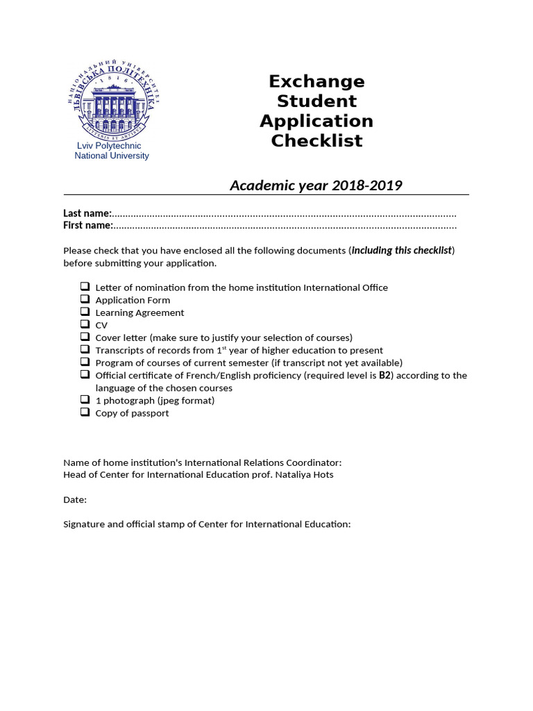 Exchange Student Application Checklist | PDF