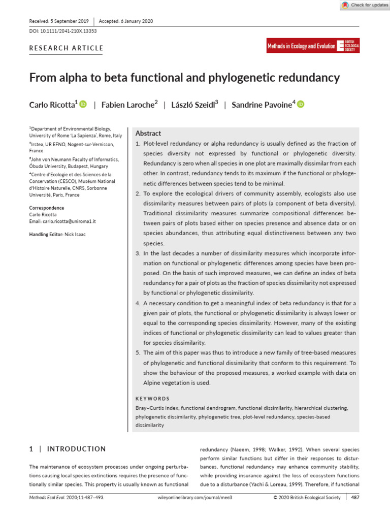 Methods Ecol Evol - 2020 - Ricotta - From Alpha to Beta Functional and Phylogenetic Redundancy ...