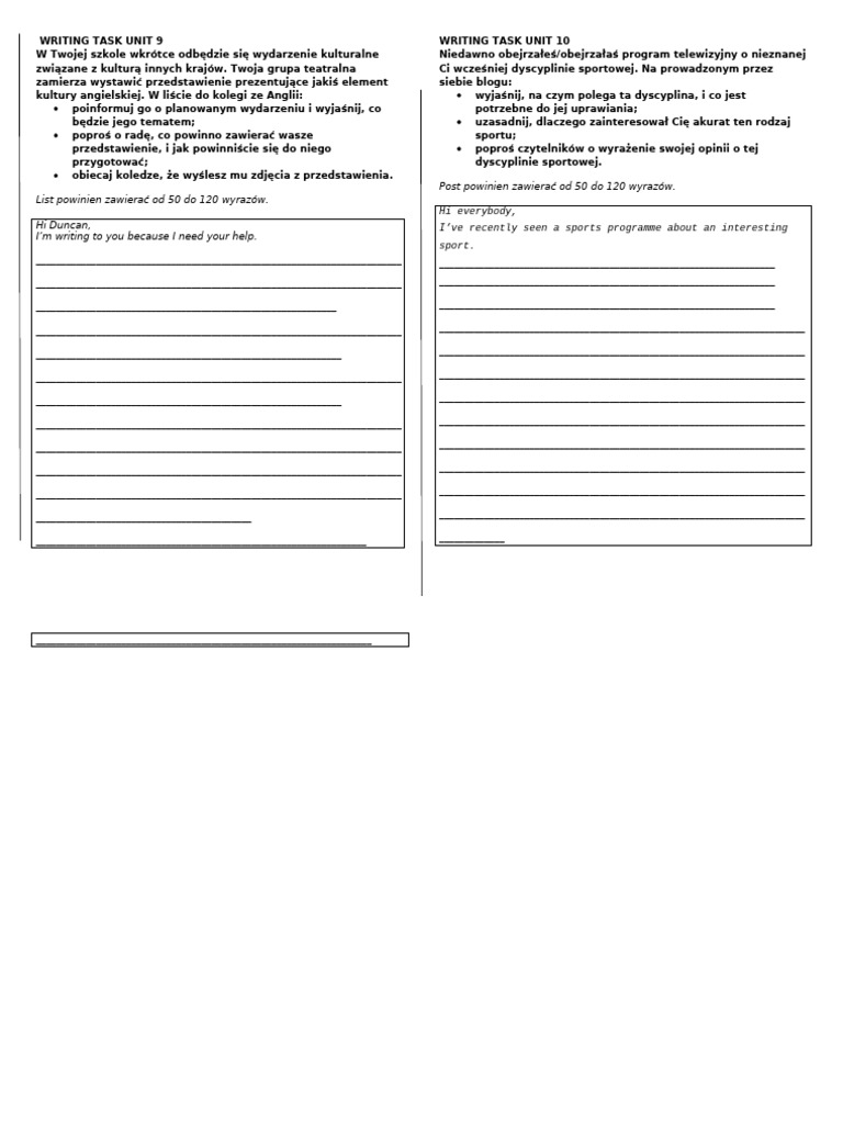 Writing Tasks - Unit 9 and 10 | PDF