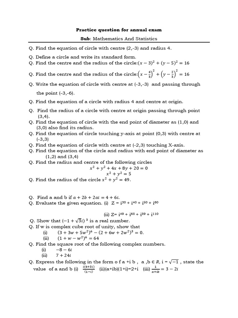 Circle Equations and Properties Practice | PDF | Circle | Complex Number