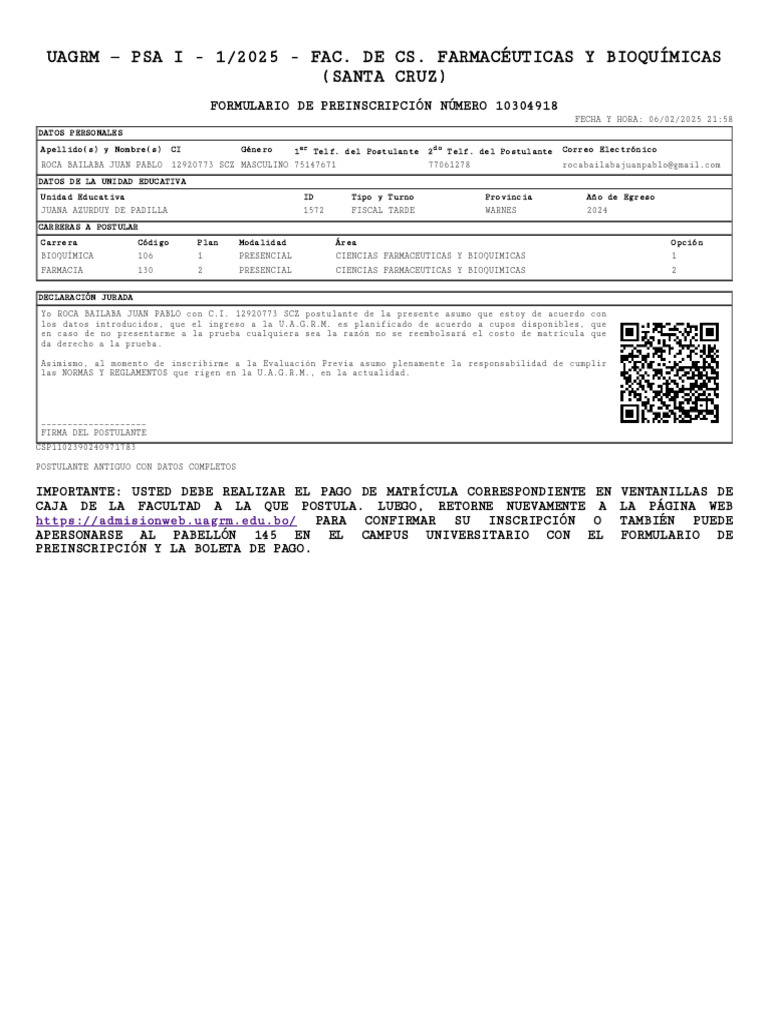 Uagrm - Psai-1/2025 - Fac. de Cs. Farmacéuticas Y Bioquímicas (Santa Cruz) | PDF